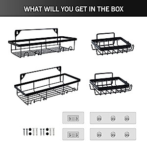 Yebicola Pack of 4 Black Shower Caddy, Self Adhesive, No Drilling, Bathroom Shower Organizer with Soap Holder and 12 Hooks, Rustproof Stainless Steel Shower Shelves for Inside Shower