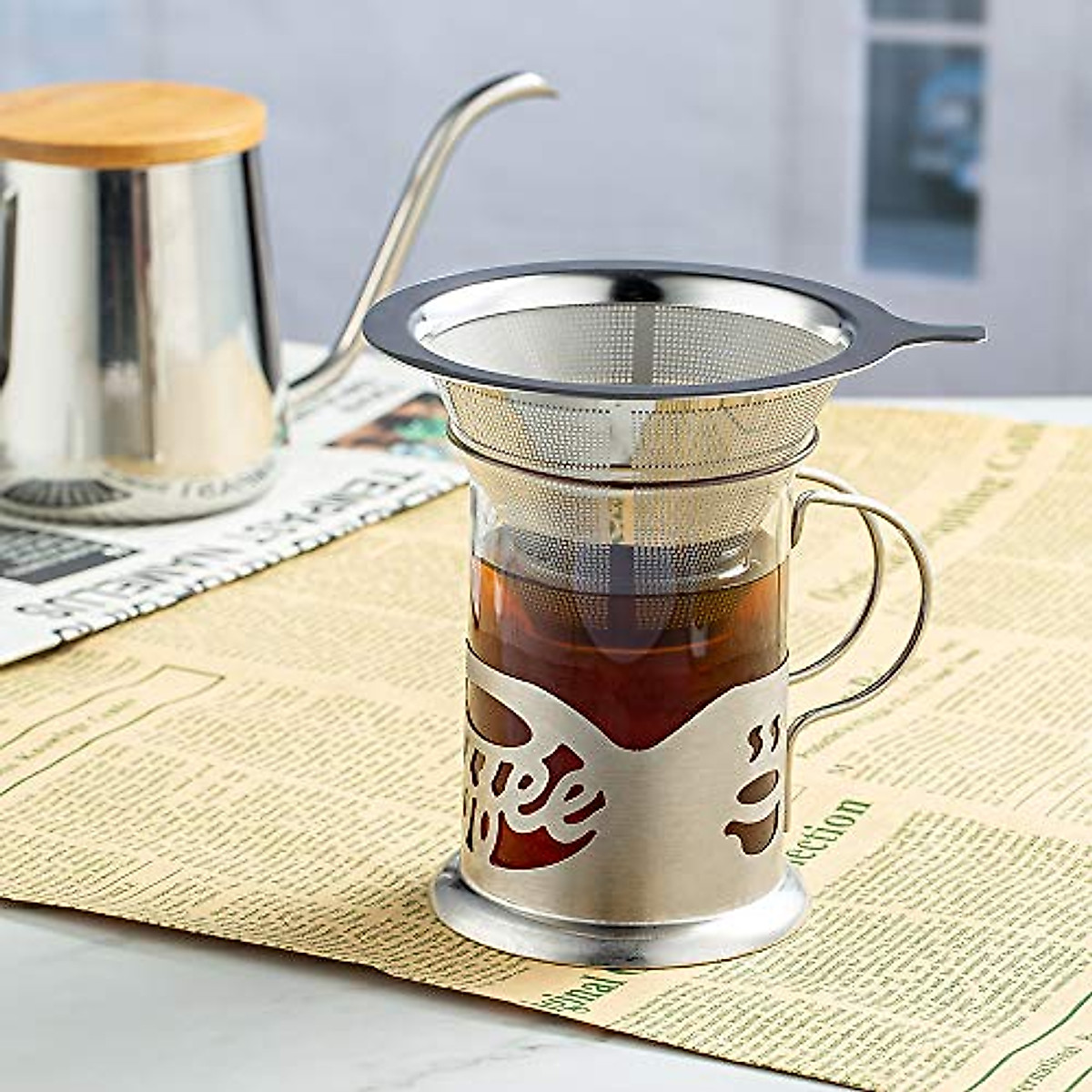 ANNMEXX Upgraded Pour Over Coffee Filter, Coffee Dripper, Paperless Mess Stainless Steel Coffee Filter, Maker One to Two Cup Coffee, Keeping Nature Coffee Flavour, Easy to Use and Clean (1-2Cups)