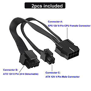 OwlTree 2 Pack EPS12V CPU 8 Pin Female to CPU ATX 8 Pin and ATX 4 Pin Male Power Supply Extension Cable EPS 12V for Motherboard 10.6 inch