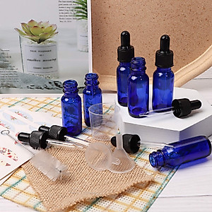 HWASHIN 24 Pack 1/2 oz Cobalt Blue Glass Bottles with Glass Eye Droppers for Essential Oils, Perfumes & Lab Chemicals (Brush, Funnels, 2 Extra Droppers, 36 Pcs Labels & Measuring Cup Included)