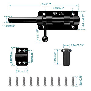 Heavy Duty Slide Bolt Gate Latch Hardwareh, 6.3 Inch Heavy Duty Solid 304 Stainless Steel Security Bolt for Wooden Fence/Shed Door/Yard Door/Barn Door/Interior and Outdoor Latch (2PCS Black)