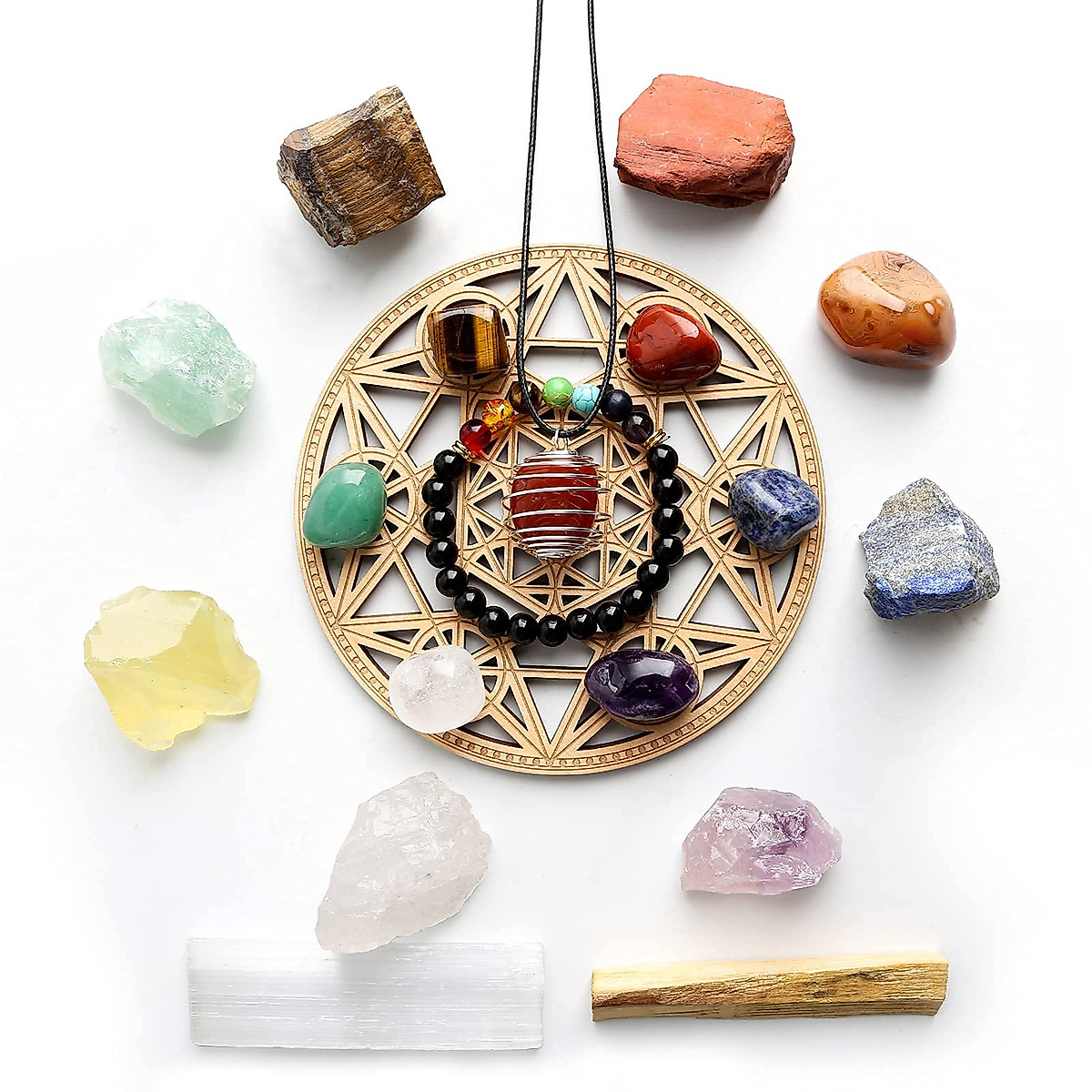 Crystals and Healing Stones, Healing Crystals for Beginners Set Gifts for Mothers Day, Include 7 Chakra Stones, 7 Tumbled Stones, Bracelet, Necklace, Selenite, Palo Santo for Positive Energy