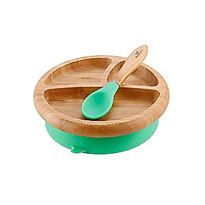 Avanchy Bamboo Baby Bowl + Baby Plate + 2 First Stage Spoons. Removable Suction Bottoms.