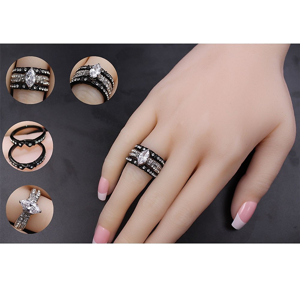 MABELLA Black Wedding Engagement Ring Set Stainless Steel Marquise Cz Gifts for Women, Size 8