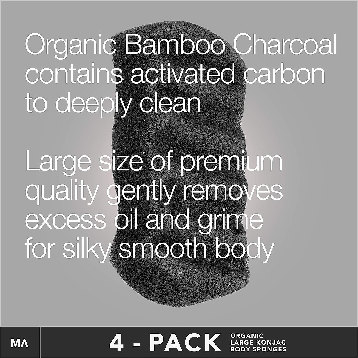 Minamul Konjac Exfoliating Organic Body Sponge | Gentle Daily Body face Scrub/Skincare | Infused with Best Bamboo Activated Charcoal | Safe for Oily, Dry, Combination or Sensitive Skin | 4 Pack Set