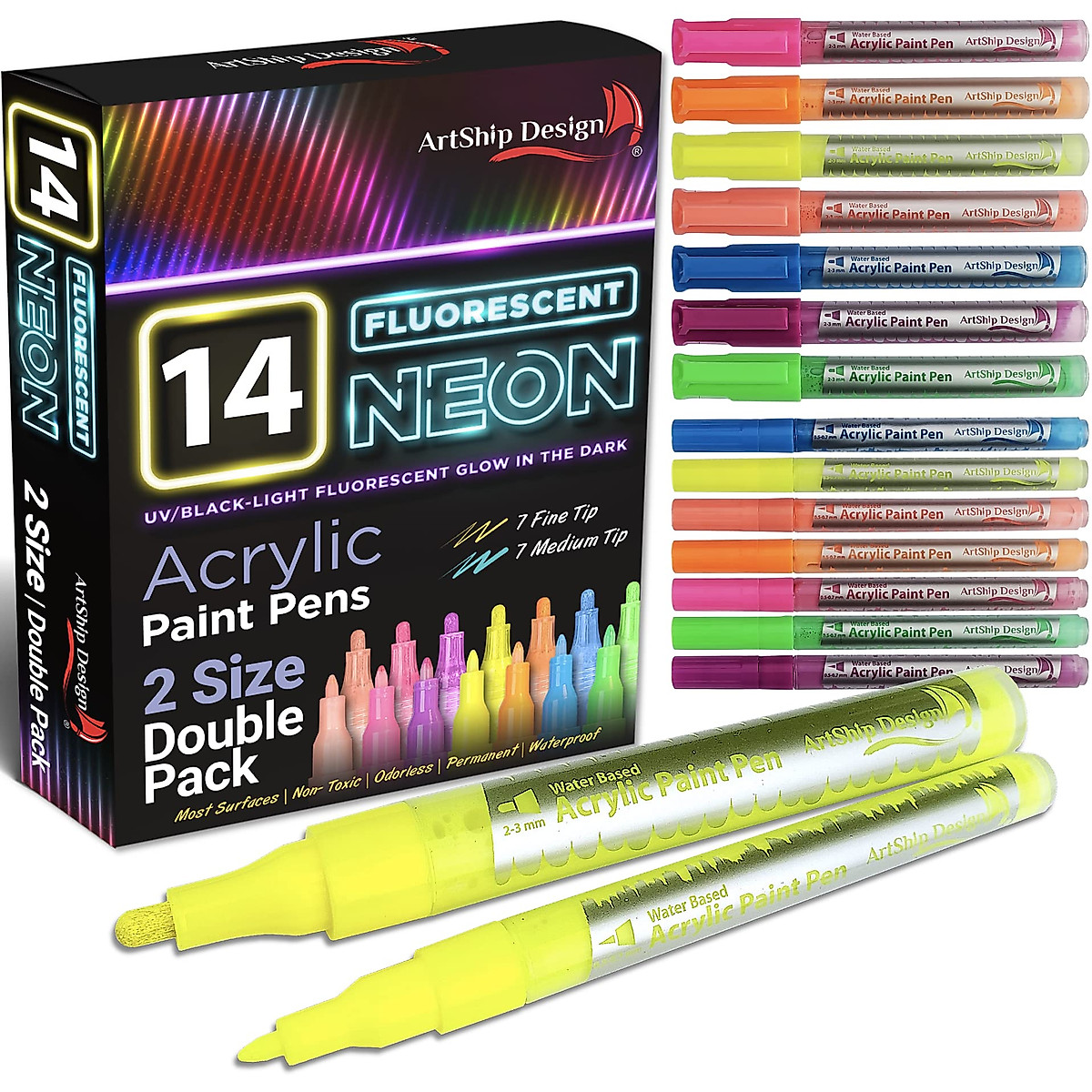 14 Pack Neon UV Fluorescent Acrylic Paint Pens, Double Pack of Both Extra Fine and Medium Tip Paint Markers, for Rock Painting, Mug, Ceramic, Glass, and More, Water Based Non-Toxic and No Odor