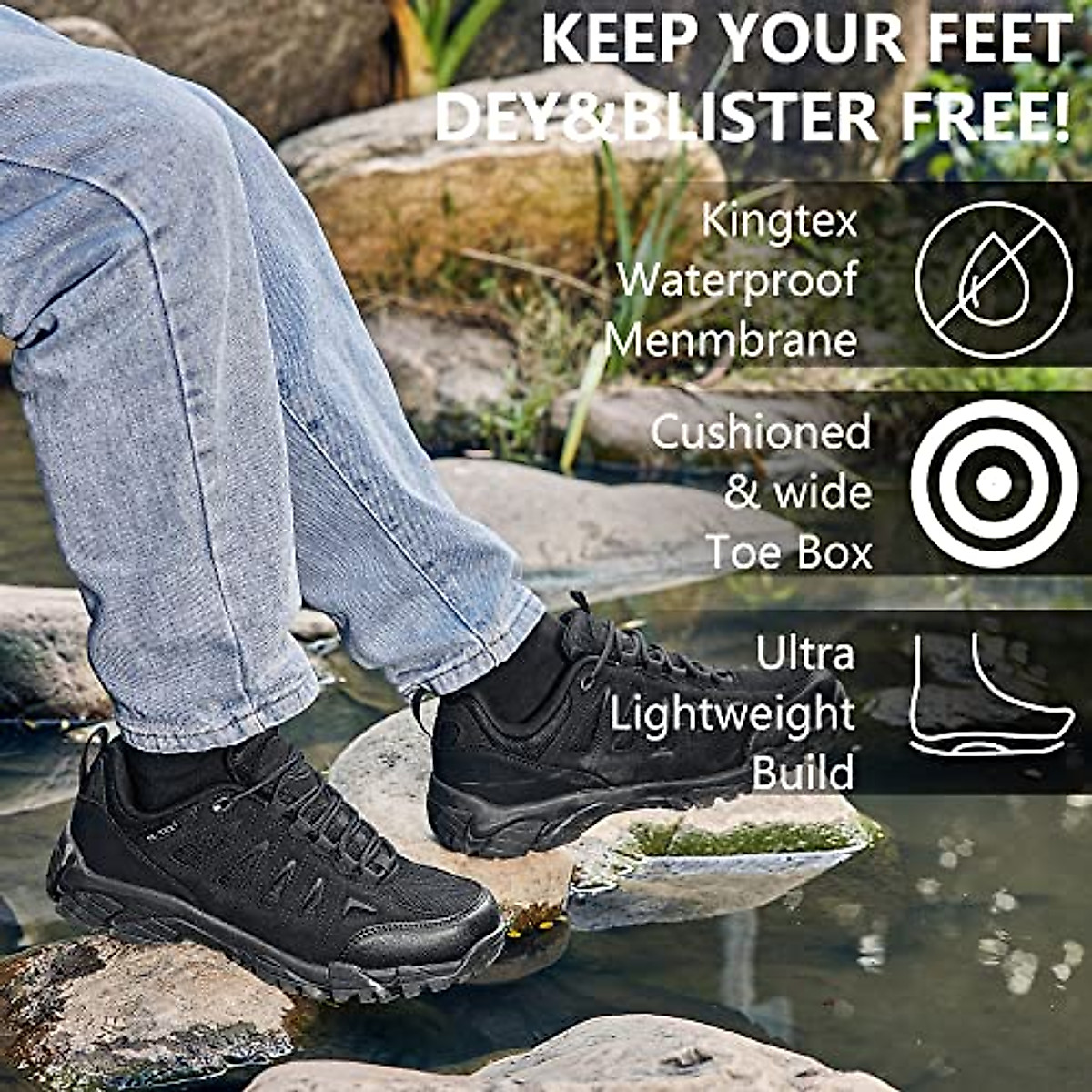 SHULOOK Men's Waterproof Hiking Shoes Lightweight Anti Slip Outdoor Ankle Boots Breathable Hike Trekking Trails Shoe All Black 11