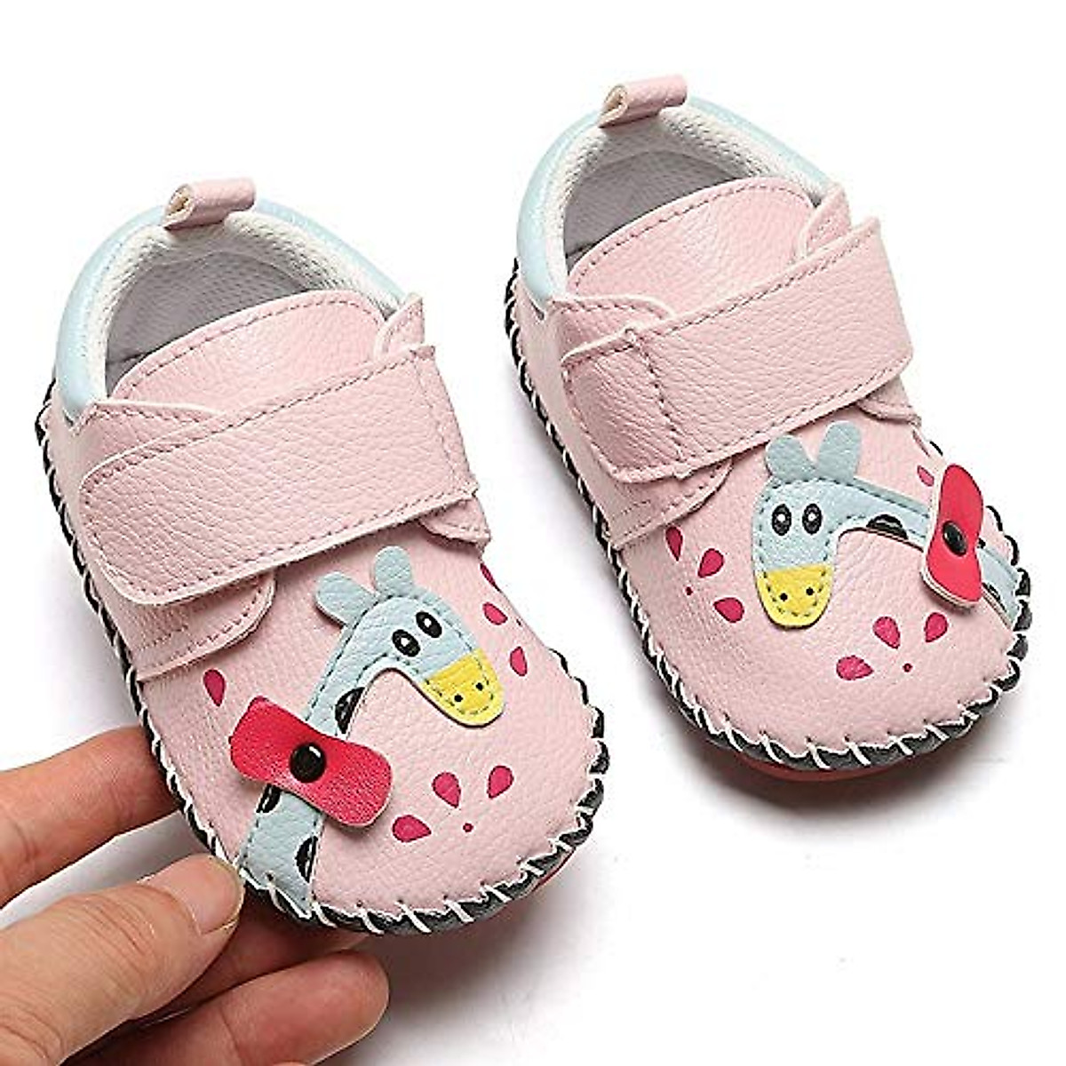 HsdsBebe Baby Boys Girls Pu Leather Hard Bottom Walking Sneakers Toddler Rubber Sole First Walkers Infant Cartoon Slippers Crib Shoes, Giraffe/Pink, 12-18 Months Toddler