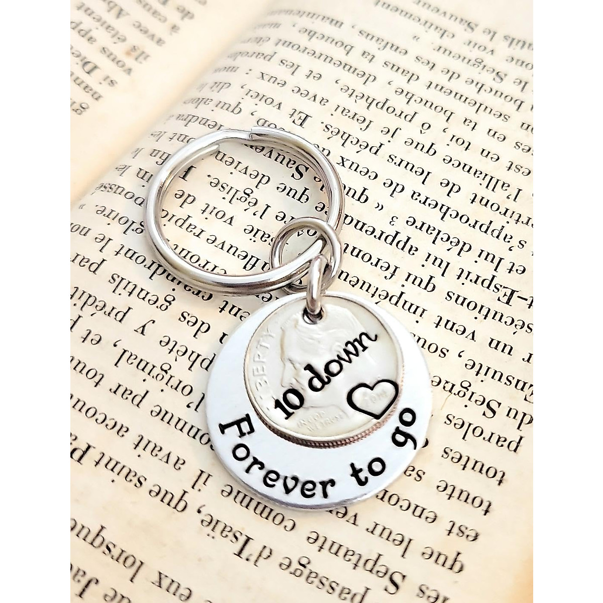 10 Down and Forever To Go 10th Year Anniversary Gift Key Chain with a 2014 Dime and Silver Aluminum Charm