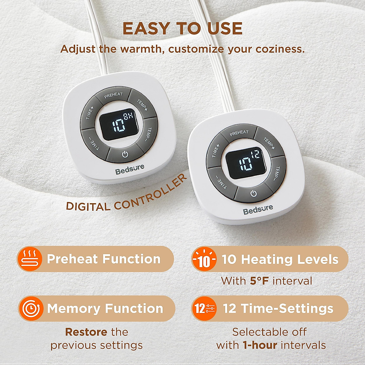 Bedsure Heated Mattress Pad Queen - Bed Warmer with Memory & Preheat Function, 12-Hour Auto Off & 10 Heat Settings with Dual Controller, Fast Heating, Coral Fleece Electric Mattress Pad Queen, 60"x80"