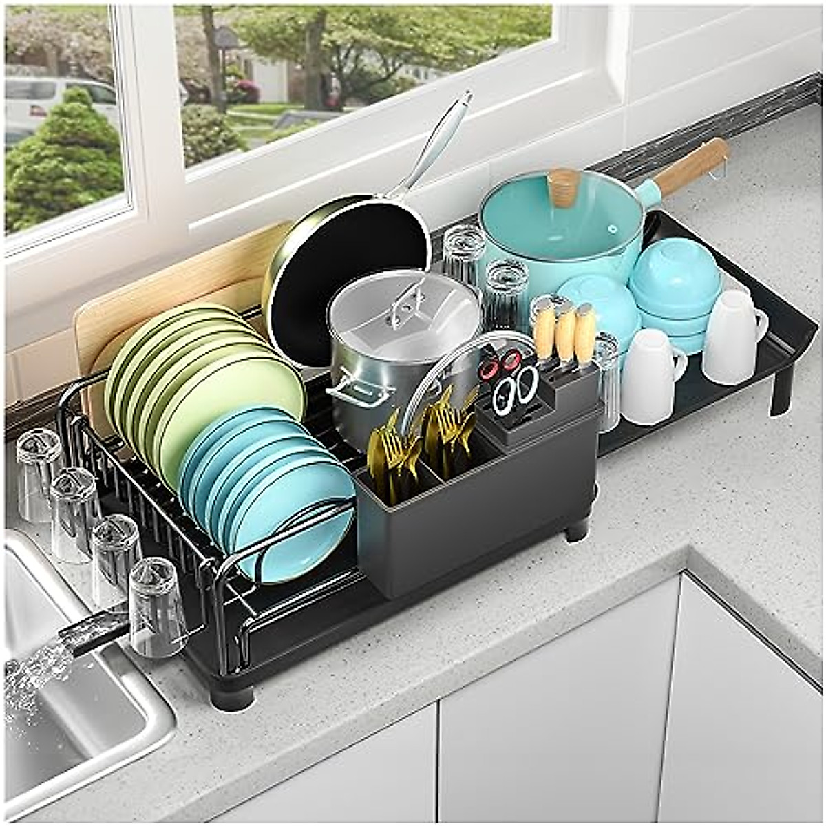 caktraie Dish Drying Rack - Expandable Dish Rack for Kitchen Counter, Rust-Proof Kitchen Dish Drying Rack with Utensil Holder, Cups Holder, Black