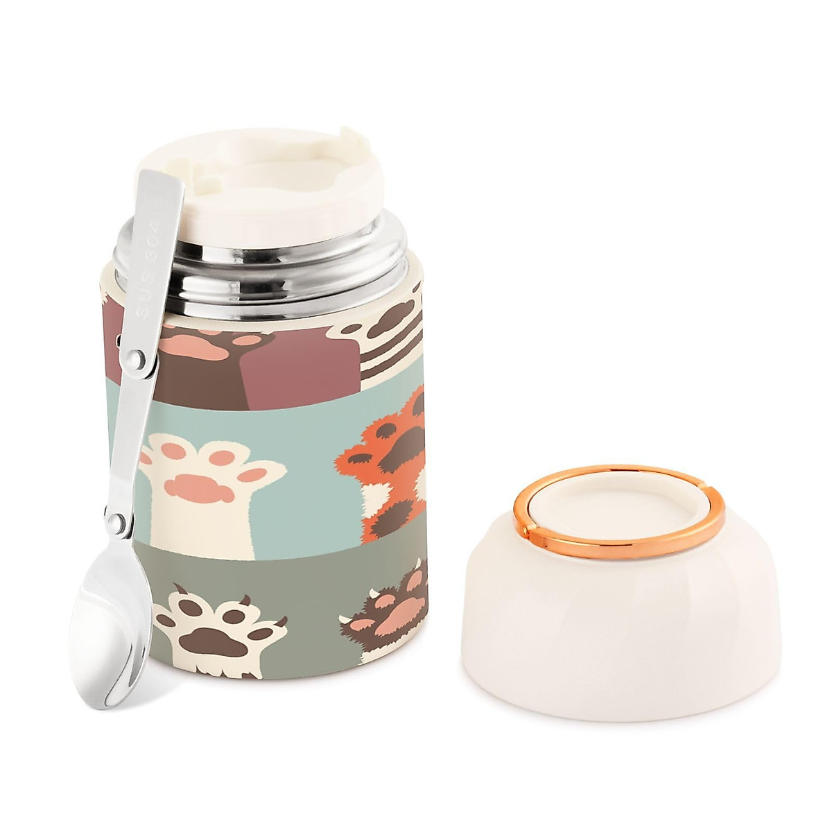 CUPADA Cute Cats Paws Food Jar for Hot and Cold, Funny Insulated Food Jars Vacuum 17OZ with Folding Spoon for Work Trip Picnic Camping