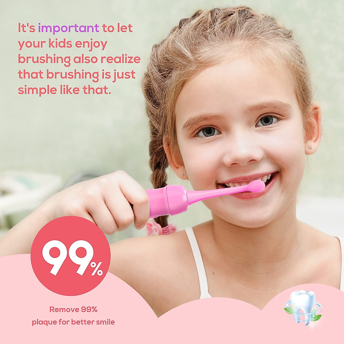 Elifloss Kids Electric Toothbrushes, 2 Modes with Memory, 2 Min Timer, Fun&Easy Clean, IPX7 Waterproof Rechargeable Kids Toothbrush for Age 3-12 with 3 Dupont Soft Bristles, Pink