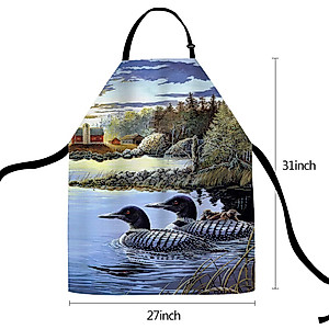 SSOIU Duck Cooking Apron, Art Desgin Loon Lake Wild Duck Couple Kitchen Apron For Baking/BBQ Men Women Unisex Waterproof 31X27 Inches