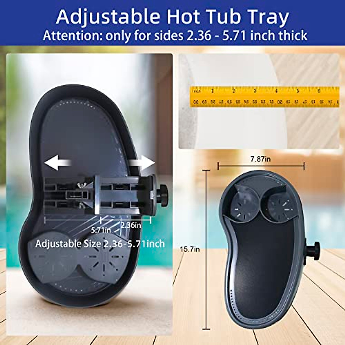 Treerit Hot Tub Table, Adjustable Hot Tub Tray with 2 Cup Holder, Hot Tub Accessories, Stable, Heavy-Duty, Nonslip Hot Tub Drink Holder for Aboveground Bathtub, Spa with Wall Thickness Of 2'' to 7.5''