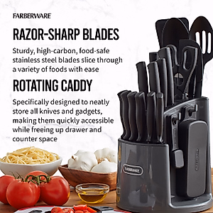 Farberware 30-Piece Spin-and-Store Knife and Kitchen Tool Set with Rotating Storage Caddy, High Carbon-Stainless Steel Kitchen Knives, Razor-Sharp Knife Set, Black