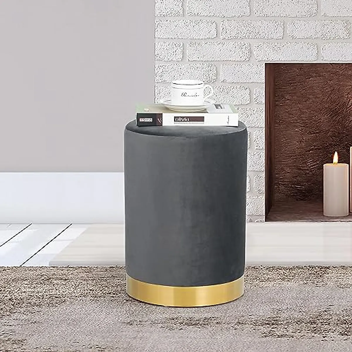 Adeco 11.61" Round Velvet Ottoman with Gold Metal Base, Upholstered Makeup Vanity Chair Soft Compact Padded Foot Rest Stool, Boucle Stool for Living Room Bedroom (Cement Grey)