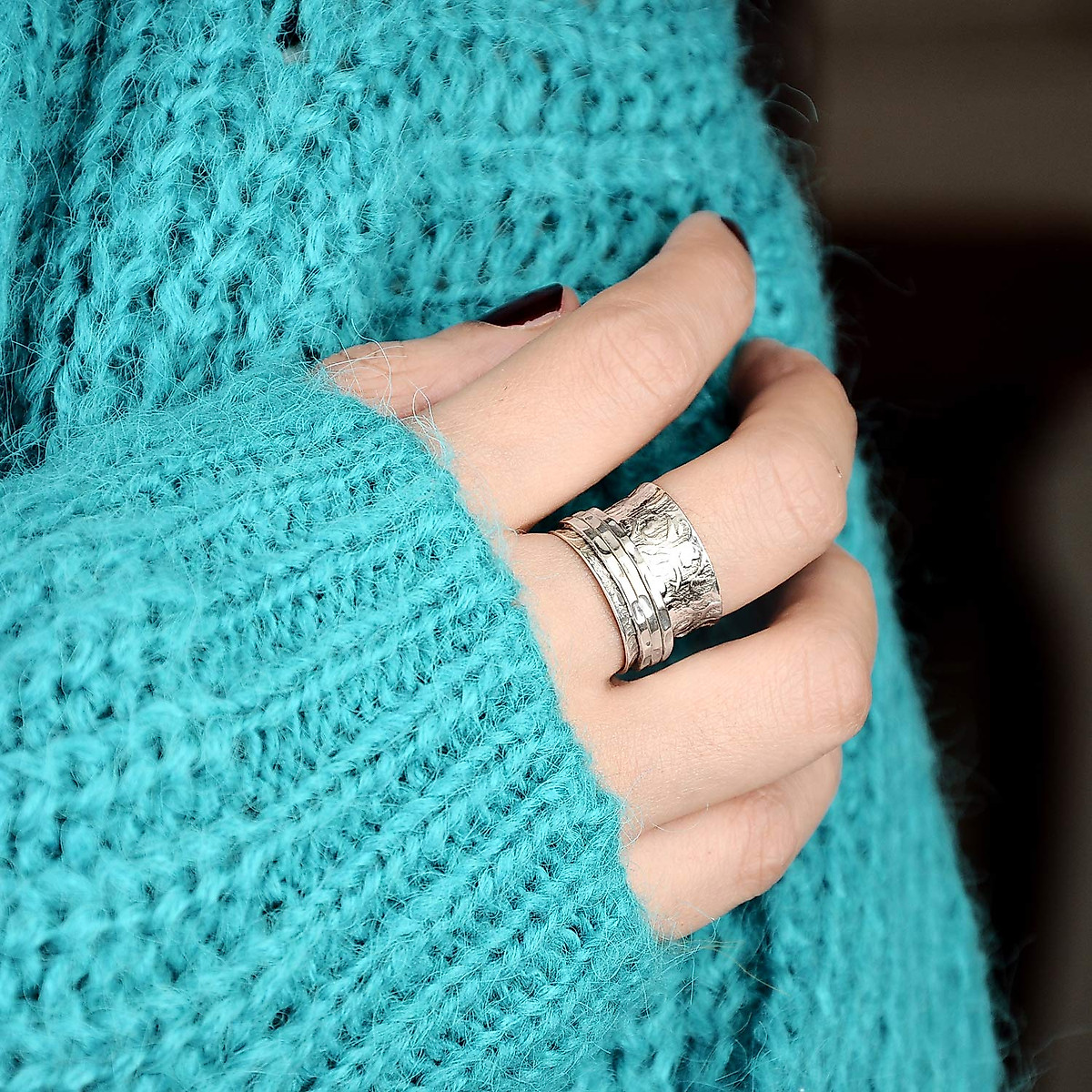 Boho-Magic 925 Sterling Silver Spinner Ring for Women | 3 Spinning Rings Bands | Fidget Meditation Anxiety | Wide Statement Chunky Jewelry Size 7-9 (8)