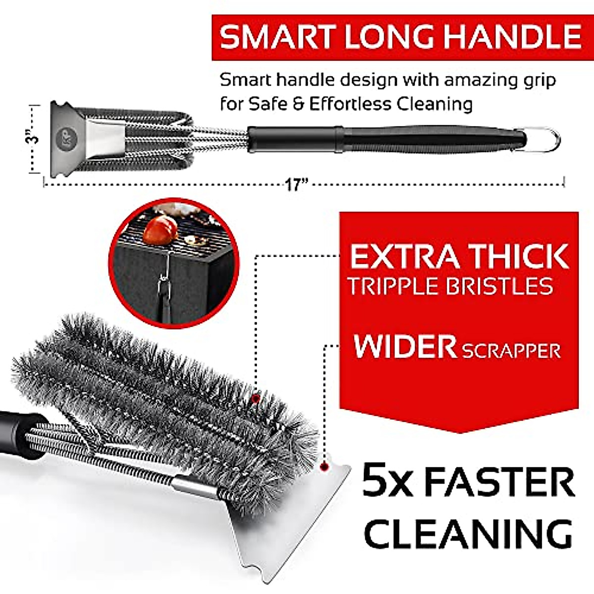 KP Grill Brush for Outdoor Grill – 3 in 1 BBQ Brush for Grill Cleaning & Grill Scraper w/Smart Grip Handle- Effortless Grill Cleaner Brush Grill Accessories +Bonus Metal Hanger & 3 Recipe eBooks