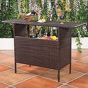 SPSUPE Outdoor Patio Rattan Bar Table, Wicker Bar Counter Table with 2 Steel Shelves and 2 Sets of Rails, 55.1"X 18.5"X 36.2" (L x W x H), Ideal for Garden, Backyard and Pool Side, Brown