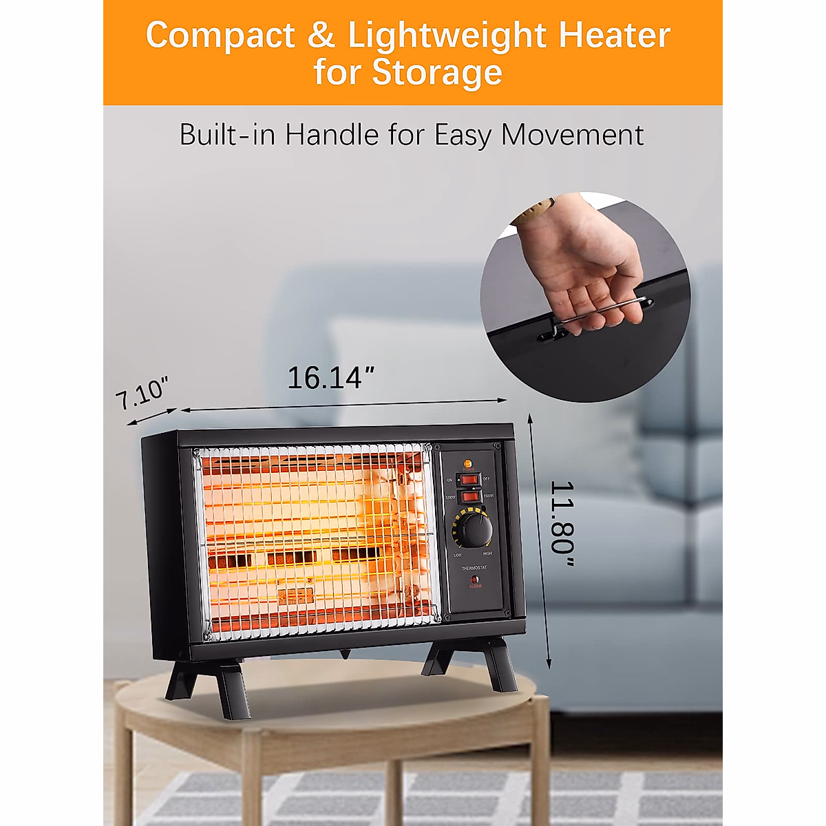 JASUN Portable Space Heater Electric Radiant Heater Fast Heating with Adjustable Thermostat, Portable Indoor Heater with Handle Quiet Energy-Saving 1250W/1500W for Office Home Garage Bedroom Black