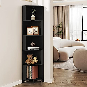 Function Home 5-Tier Corner Shelves, Multifunctional Corner Bookshelf, Wood Display Stand Shelf for Home Office, Living Room,Bedroom, Black