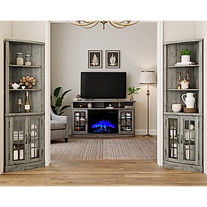 AMERLIFE Curved Corner Storage Cabinet, 65" Tall Freestanding Bookcase with Glass Doors & Adjustable Shelves, 5-Tier Corner Display Cabinet for Living Room, Bathroom, Laundry Room, Washed grey