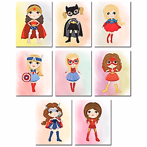 Cute Superhero Girls Wall Art Prints - Superhero Posters for Girls, Playroom Pictures for Kids, Heroic Bedroom Artwork, Inspirational Prints for Rooms - Unframed Set of 8 (8x10")