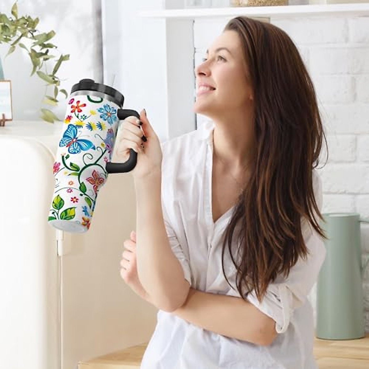 FRCSDIY Beautiful Butterfly Insulated Tumbler with Handle and Straw Lid,40oz Leakproof Stainless Steel Cup BPA-Free Water Bottle