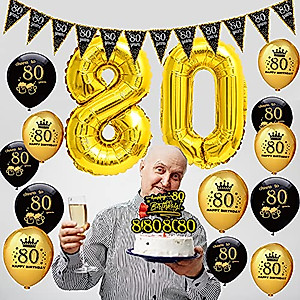 80th birthday decorations for men women - (76pack) black gold party Banner, Pennant, Hanging Swirl, birthday balloons, Tablecloths, cupcake Topper, Crown, plates, Photo Props, Sash for gifts