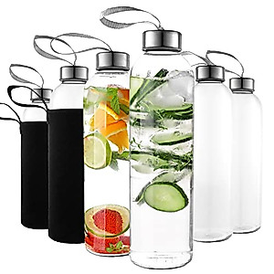 Kitchen Lux 24oz Glass Water Bottles – Pack of 6 - Nylon Protective Sleeves, Airtight Screw Top Lids, Portable Carrying Loops - Lead, PVC and BPA Free - Water, Smoothie, Juicer, and Beverage Glasses