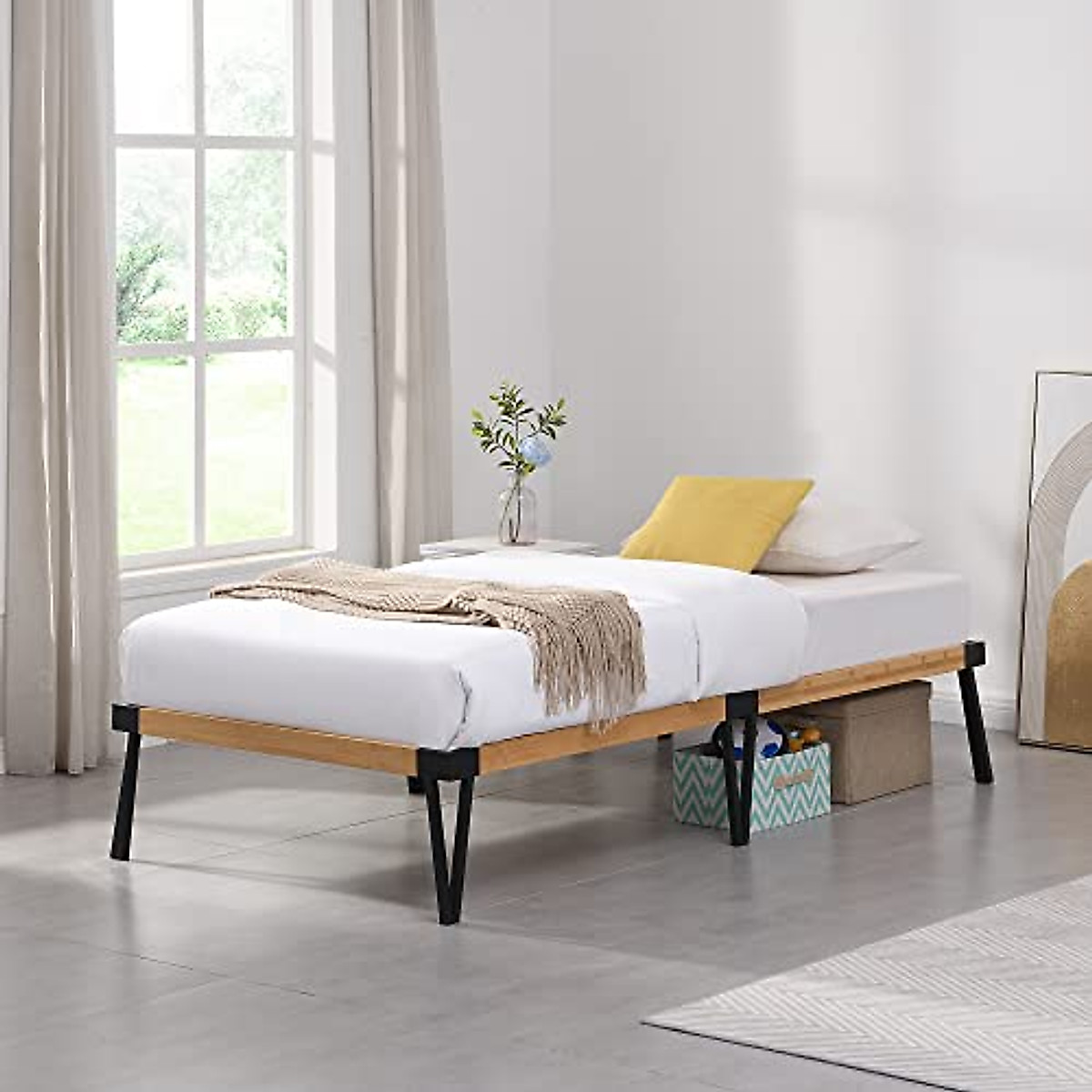 HW COMFORT 14 Inch Twin Solid Bamboo and Metal Platform Bed Frame/Bamboo Wood Slat Support/No Box Spring Needed/Easy Assembly, Natural & Black