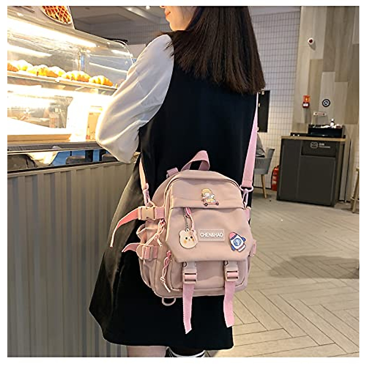 PEXIZUAN kawaii backpack girl school bag waterproof nylon with kawaii pendant cute pin mini backpack(pink)