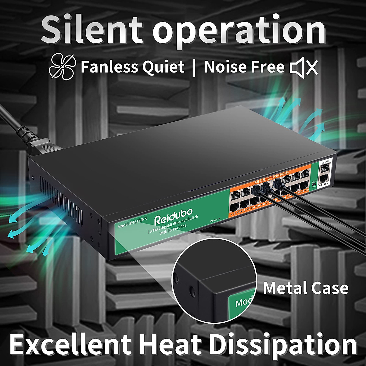 Reidubo 18 Ports Gigabit PoE Switch,16 Port Gigabit PoE+ Network Switch with 2 Uplink Gigabit Ports, 250W, Unmanaged, 19-inch Rackmount, Fanless Quiet Operation, Compatible with AP WiFi6, PoE Cameras