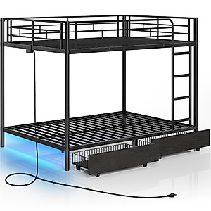 Rolanstar Metal Bunk Bed Full Over Full with USB Charging Station, LED Bunk Bed with 2 Storage Drawers, Bed with Safety Guardrail & Ladders, No Box Spring Needed, Easy Assembly, Black