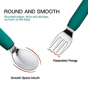 SFCCMM Baby Forks and Spoons Set Baby Training Utensils Self Feeding Toddler Silverware Silicone and Stainless Steel Kids and Toddler Utensil (Green Dinosaur - Long)