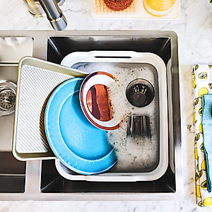 madesmart Collapsible Wash Basin with Handles, 14" x 12" x 5.6", BPA-Free Plastic Pop-Up Collapsible Dish Tub for Kitchen Counters, Easy Storage, White