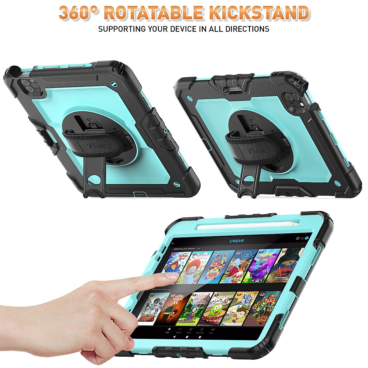 Timecity Case for iPad Pro 11 inch 2022/2021 (4th/ 3rd Generation), Shockproof Case with Screen Protector, Swivel Stand, Handle, Shoulder Strap, Pencil Holder Case for iPad Pro 11 Inch- Light Blue