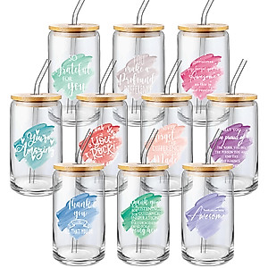 Funnymoom 10 Pcs Team Employee Christmas Appreciation Gifts 17 oz Thank You Gifts Glass Cups with Lids Straws Drinking Cup Medical Assistant Week Gifts for Emergency Nurses Accounting Women