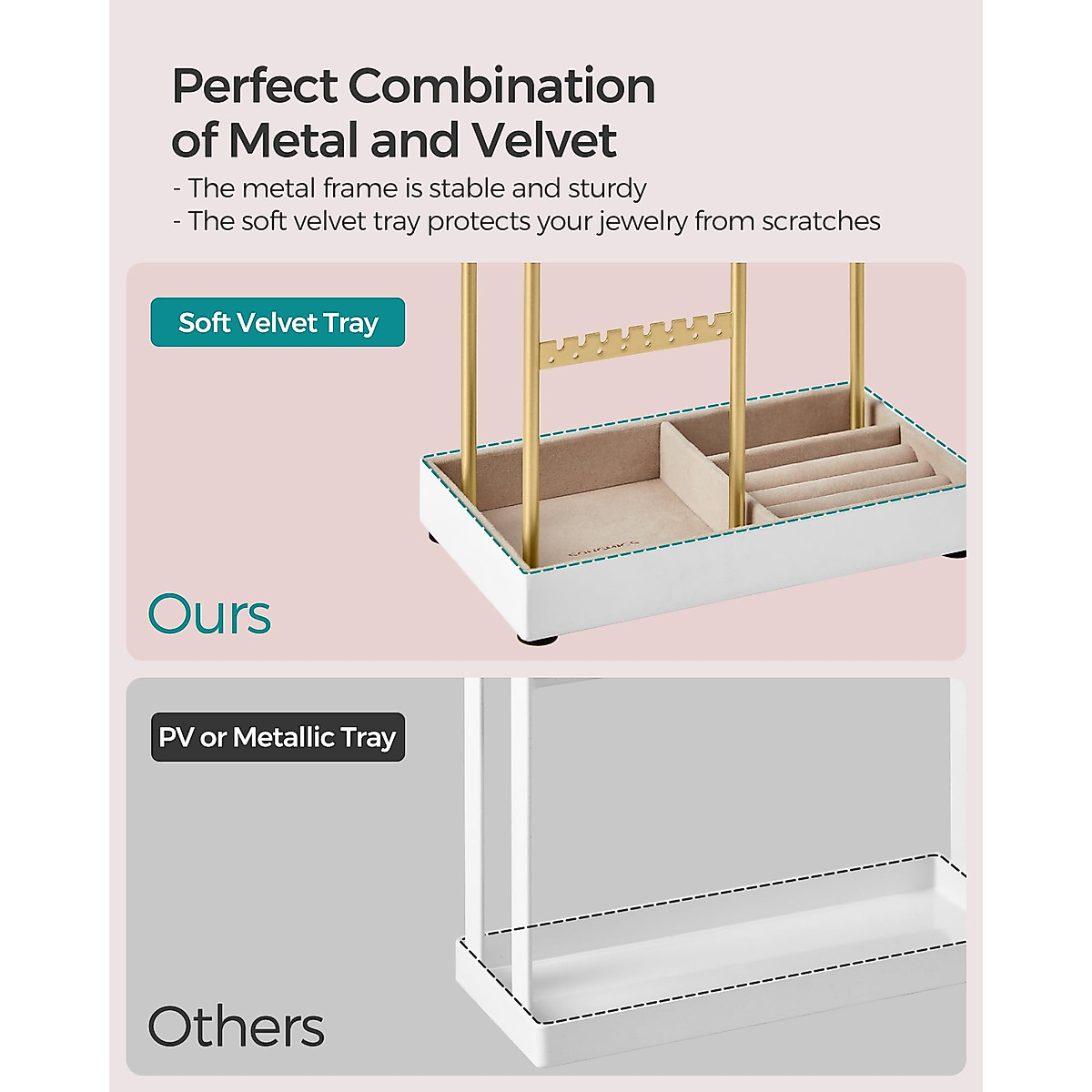 SONGMICS Jewelry Holder, Jewelry Organizer, Mother's Day Gifts, Jewelry Display Stand with Metal Frame and Velvet Tray, Necklace Earring Bracelet Holder, for Studs, Rings, Gold Color UJJS021A01