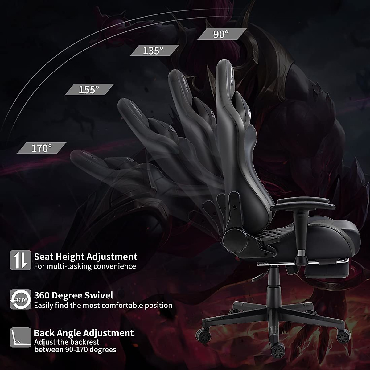 Czlolo Gaming Chair with Footrest and Massage, PU Leather Video Game Chair Racing Style Gaming Computer Chair, High Back Adjustable Recliner Gamer Chair for Adults, Black