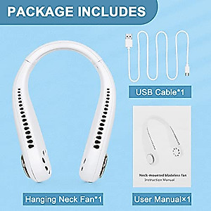 akface Portable Neck Fan Rechargeable, 3 Speeds Hands Free Bladeless Fan, Battery Operated Wearable Personal Fan for Women, Man (White)
