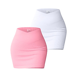 OQQ Women's 2 Piece Basic Casual Versatile Stretchy High Waist Cross Over Ribbed Mini Skirt, White,candypink, Small