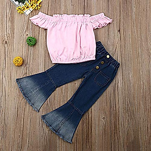 preetyyou Toddler Baby Girl Clothes Off Shoulder Tube Top Shirt Bell Bottom Jeans Pants Summer Outfits (Pink, 3-4T)
