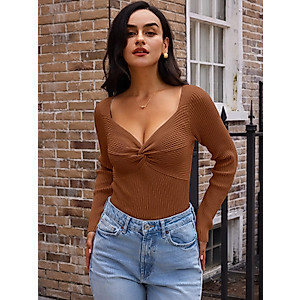 LILLUSORY Women's 2025 Twist Knot Fall Clothes Fashion Outfits Top Ribbed Long Sleeve 2025 Caramel Large