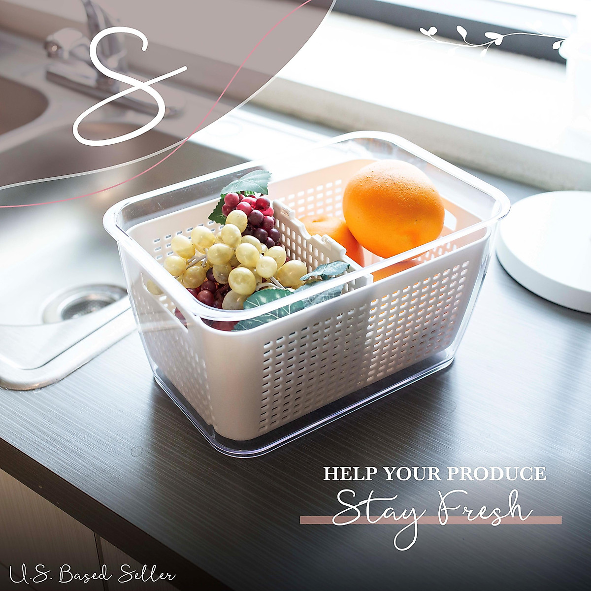 Spec101 Plastic Food Storage 10in - Kitchen Strainer Container with Lid, Large Fridge Containers for Fruits, Vegetables