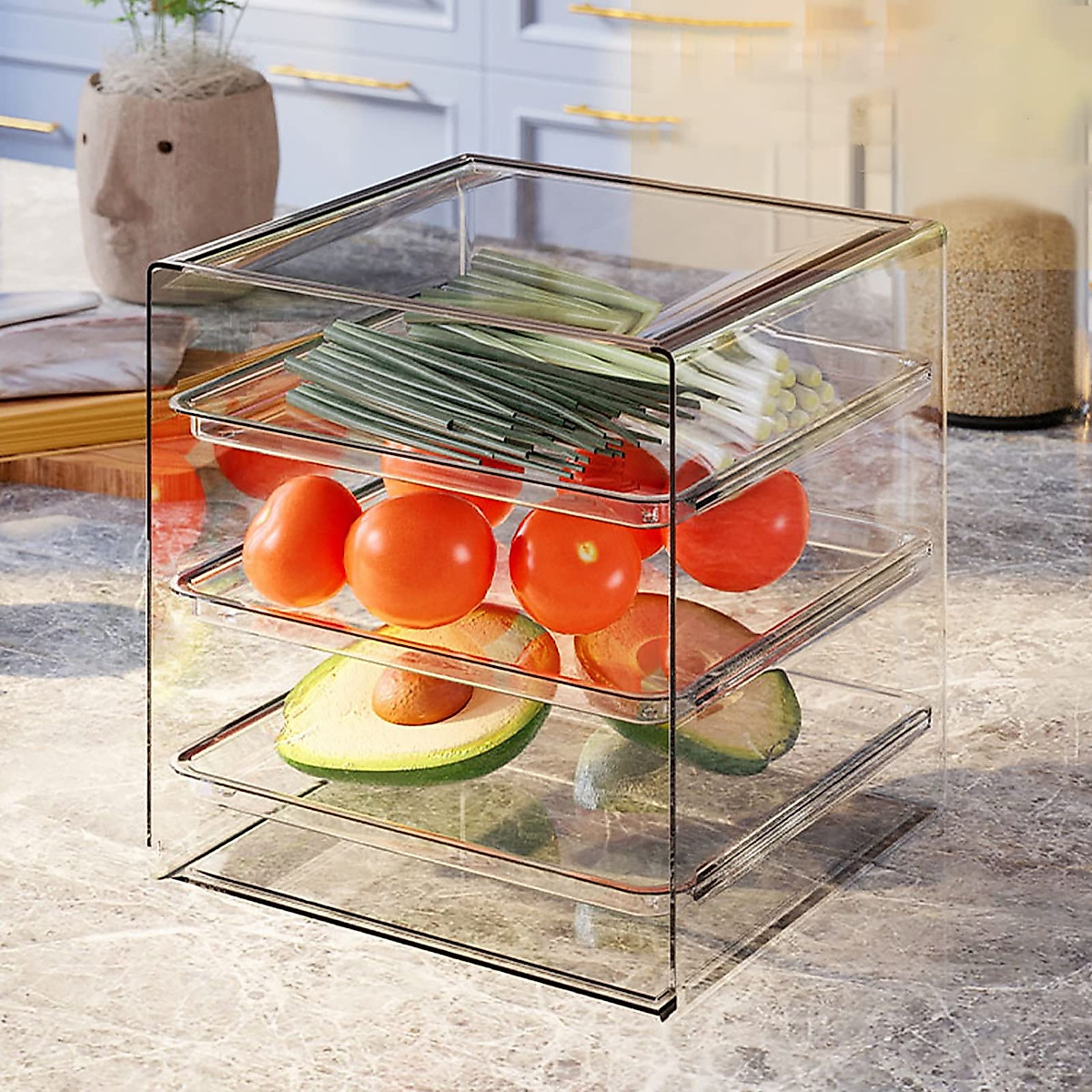 Refrigerator Organizer Bins with Pull-out Drawer, Large Stackable Fridge Drawer Organizer Set with Handle, BPA-free Drawable Clear Storage Cases for Freezer, Cabinet, Kitchen, Pantry Organization