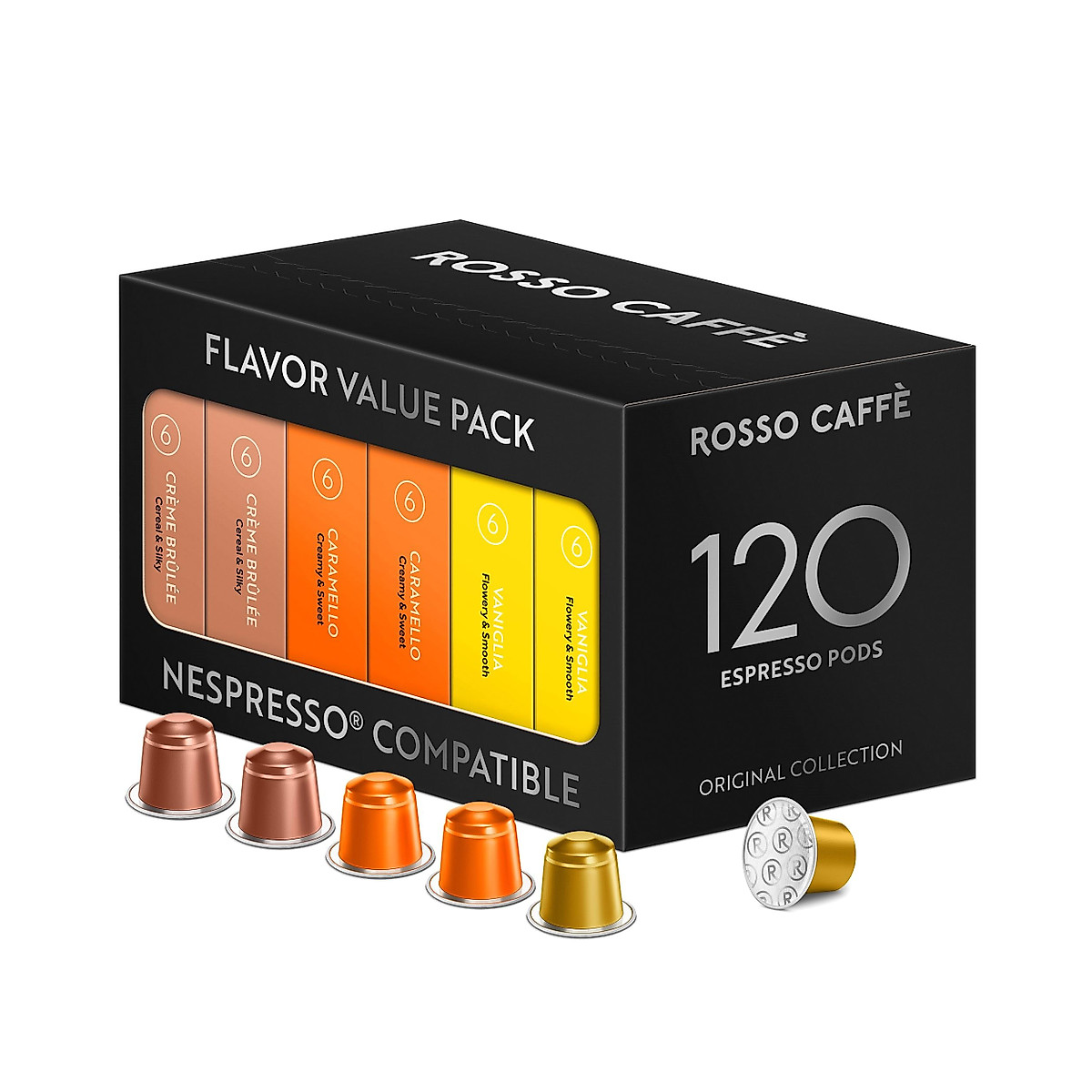 ROSSO CAFFE Espresso Capsules for Nespresso Machines - 120 Coffee Pods Flavor Pack - Vanilla, Caramel, Creme Brulee - Premium Aluminium Capsules - Medium Roast