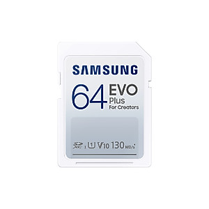 SAMSUNG EVO Plus Full Size 64 GB SDXC Card 130MB/s Full HD & 4K UHD, UHS-I, U1, V10 (MB-SC64K/AM)