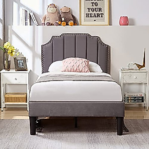 VECELO Twin Size Bed Frame Upholstered Platform with Tufted Adjustable Headboard/Mattress Foundation with Wood Slat Support, Easy Assembly,Dark Grey